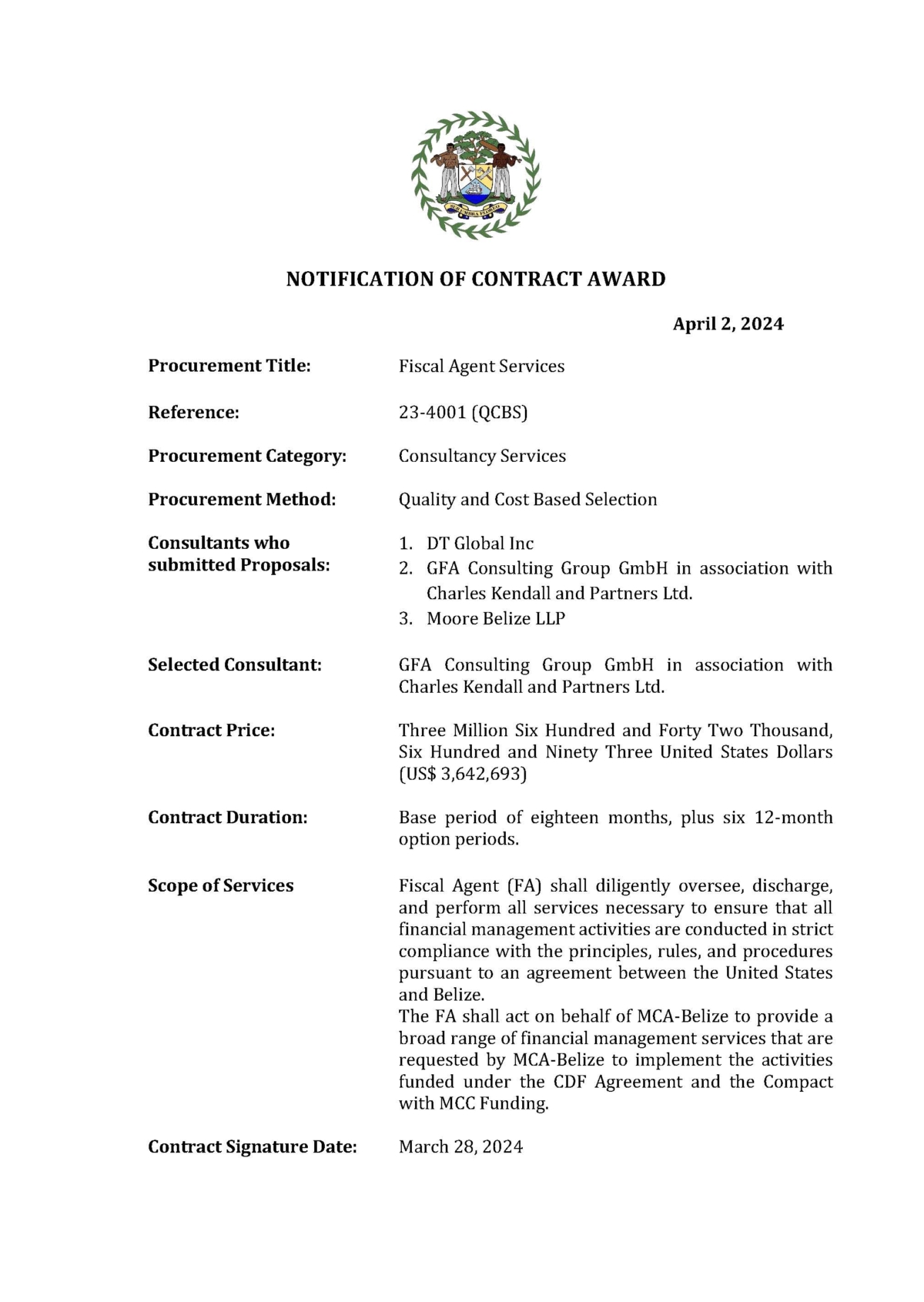 NOTIFICATION OF CONTRACT AWARD – Ministry of Economic Transformation
