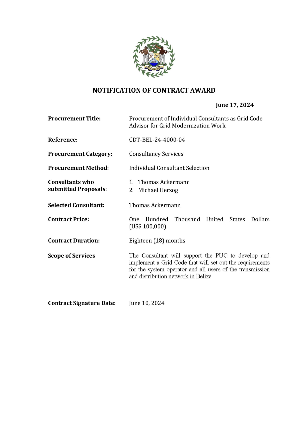 Contract Award Notice – Grid Code Advisor – Ministry of Economic ...