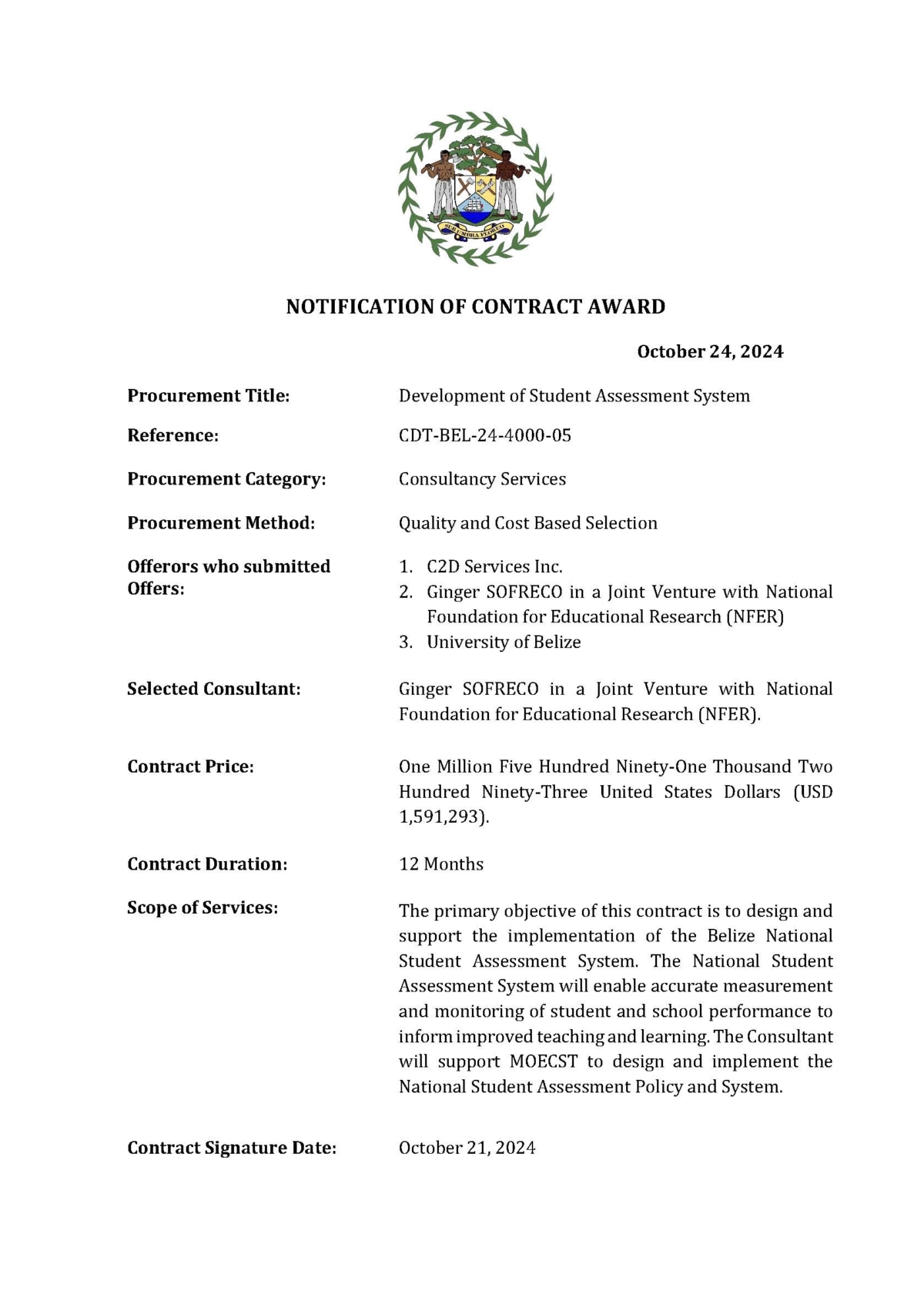 Contract Award Notice -Development of Student Assessment System ...