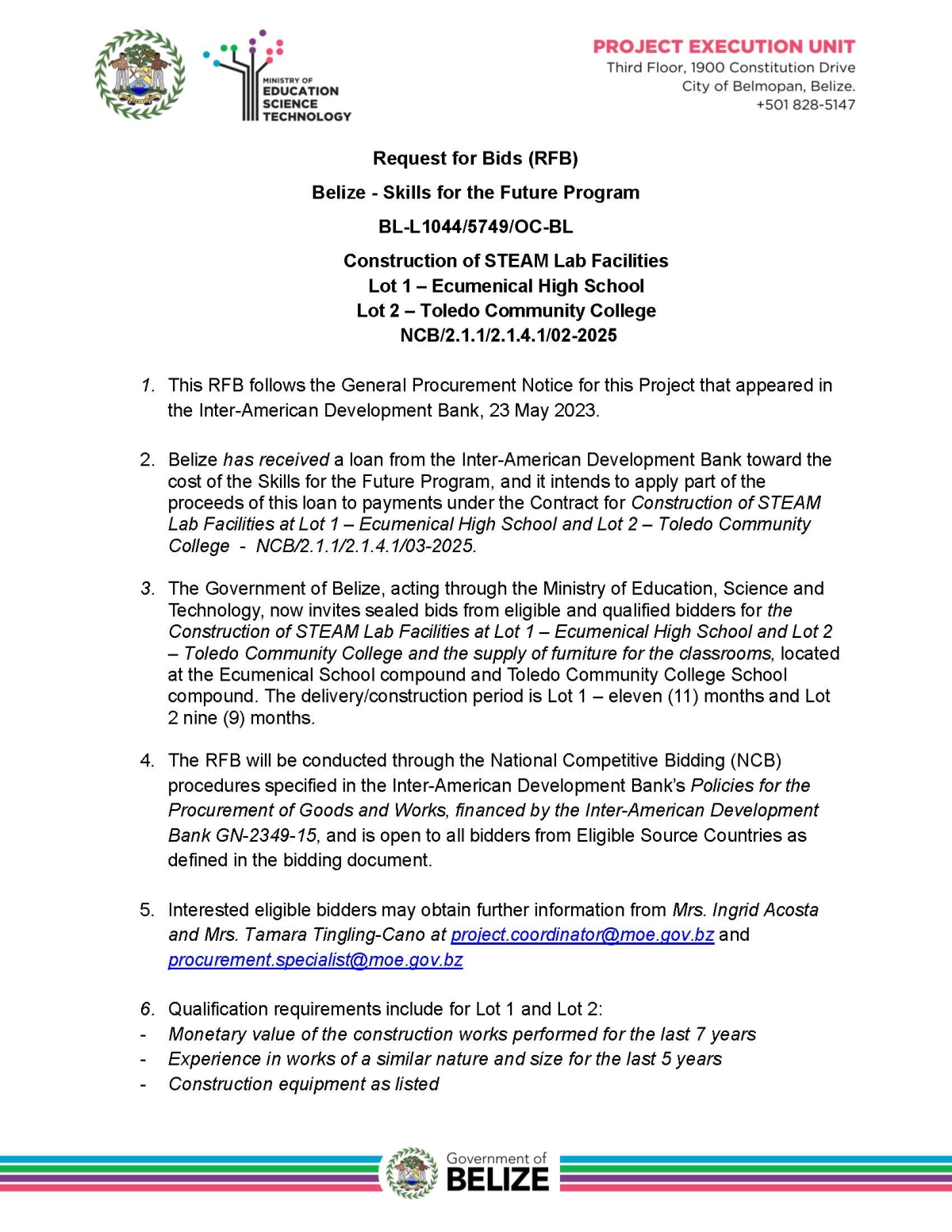 Request for Bids – Specific Procurement Notice (South EHS TCC ...